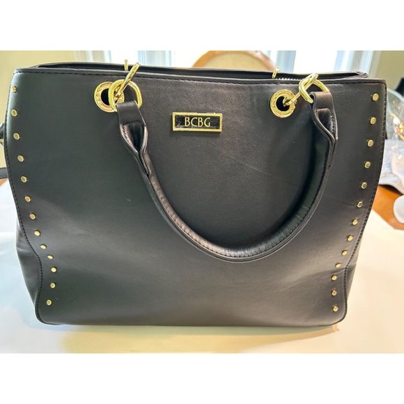 BCBG | Bags | Womens Bcbg Large Handbag Black Gold Decor Studs Footed ...